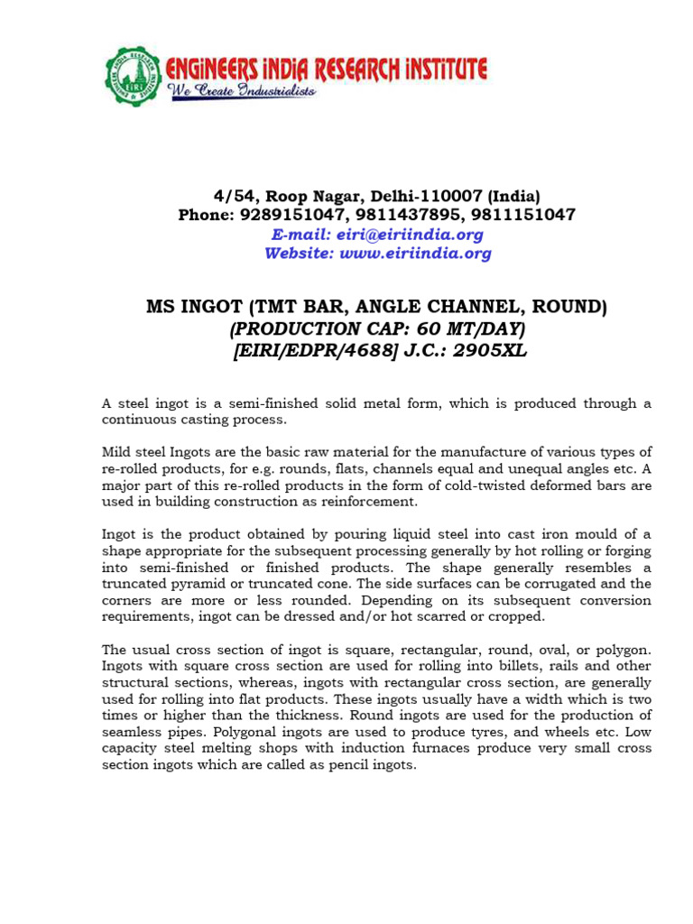 Project Report On MS INGOT (TMT BAR, ANGLE CHANNEL, ROUND) (PRODUCTION CAP: 60 MT/DAY) | PDF ...