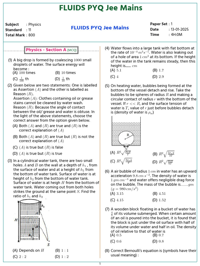 FLUIDS PYQ Jee Mains 1736760050 | PDF | Pressure | Drop (Liquid)