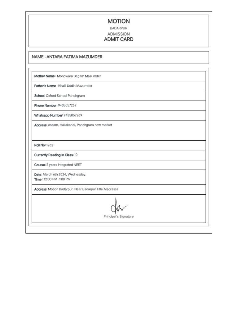 Motion Badarpur Admit Card | PDF
