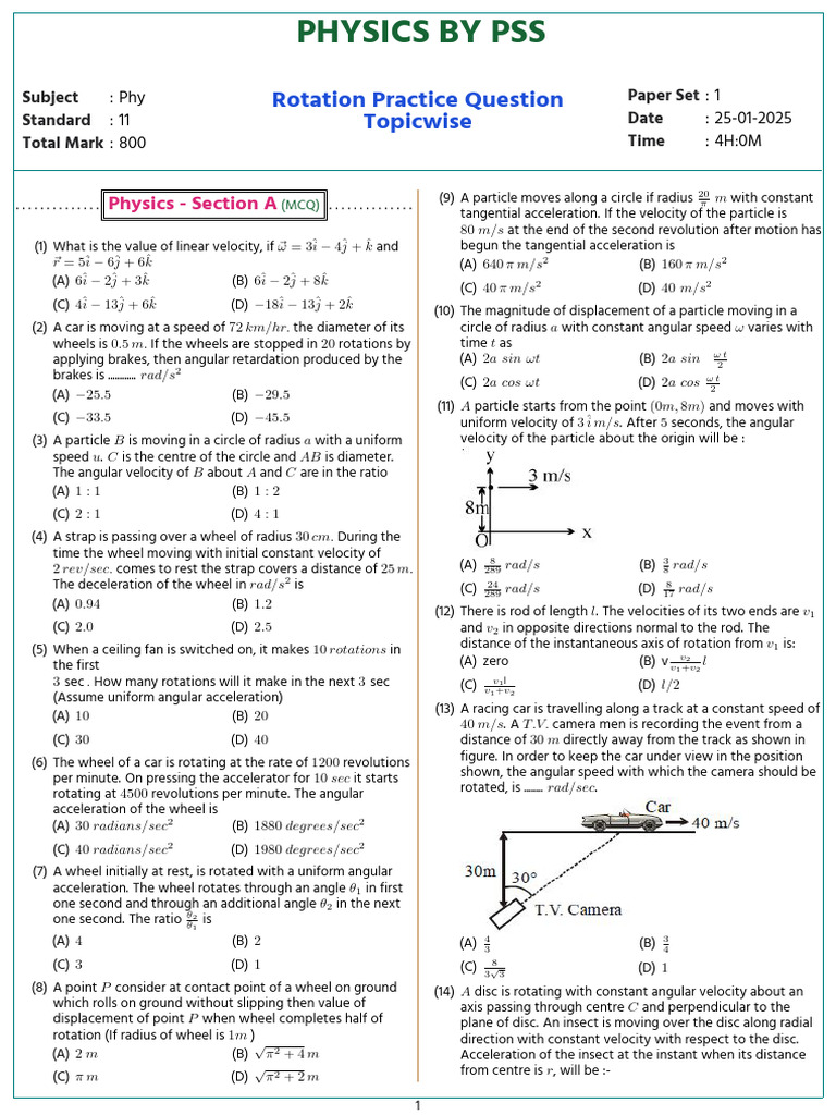 Physics Practice Questions for Class 11 | PDF | Acceleration | Rotation