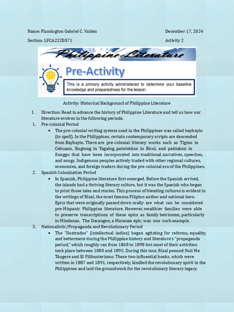 Activity 2 - Philippine Literature | PDF | Philippines | Southeast Asia