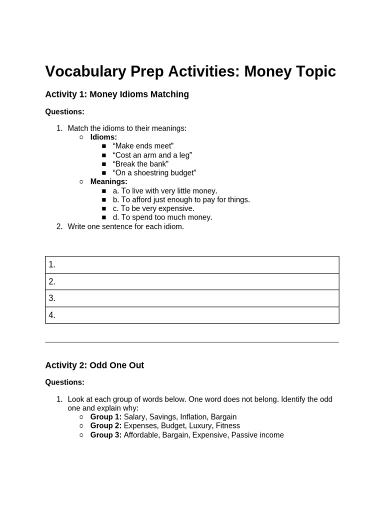 Money Vocabulary Prep Activities | PDF