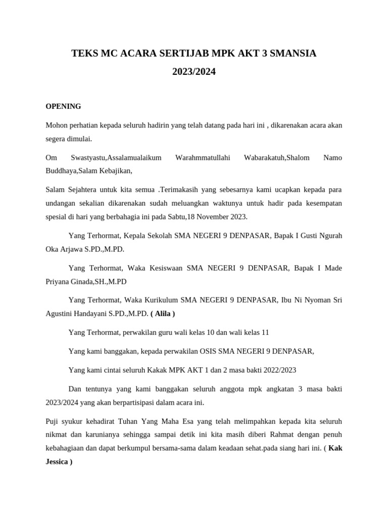 Teks MC Acara Sertijab MPK Akt 3 Smansia | PDF