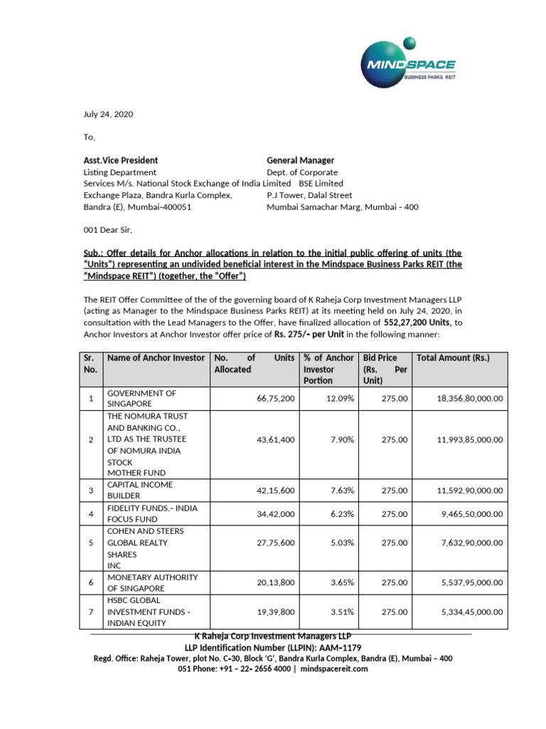 Mindspace REIT Anchor Allocation Details | PDF | Investing | Real Estate Investment Trust