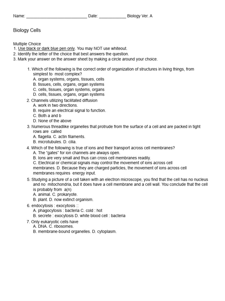 Biology Cells Exam Questions | PDF | Cell Biology | Biology