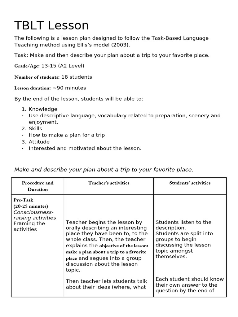 TBLT Lesson_G4 | PDF | Teachers | Vocabulary