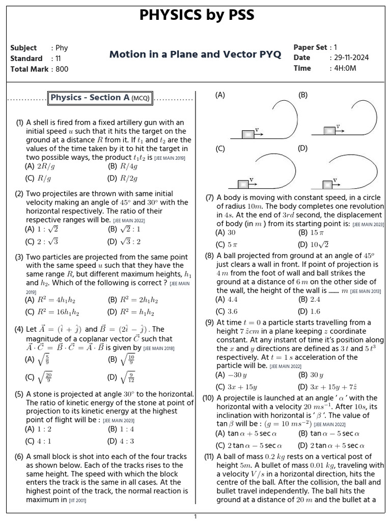 Physics Motion and Vectors PYQ Set 1 | PDF | Bullet | Velocity