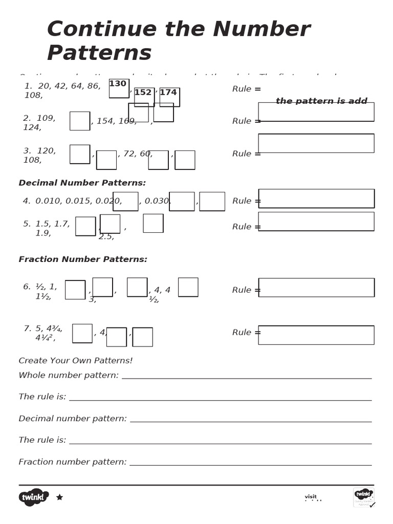 Au t2 M 4130 Continue The Number Patterns Differentiated Worksheets Ver ...