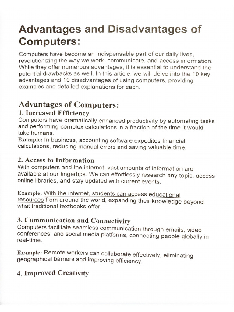 Advantages & Disadvantages of Computers (Notes) Dr. M. Mulonda | PDF
