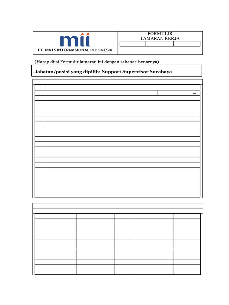 FORM LAMARAN KERJA PT. MII SETIFANI PRIHASSARI | PDF
