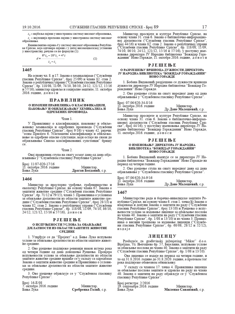 Pravilnik o Izmjenama Prav. o Klas. Pakov. I Obilj. Hemikalija I Određ ...