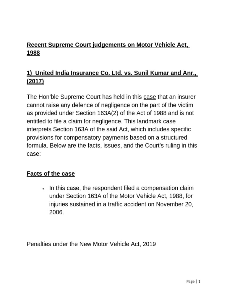 Supreme Court Rulings on Motor Vehicle Act | PDF | Negligence | Insurance