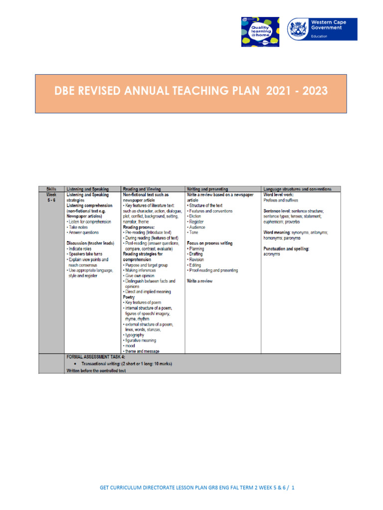 Grade 8 English FAL Lesson Plan Term 2 | PDF | Poetry | Reading ...