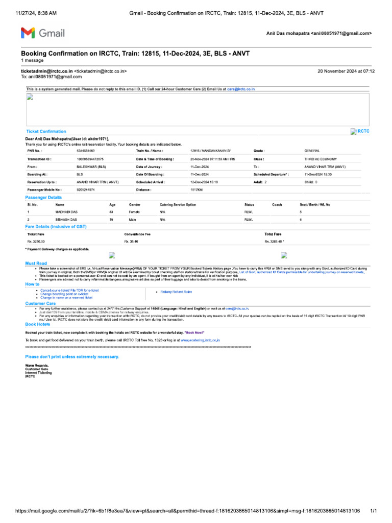 Return Ticket of Nanadan Kanan Express | PDF