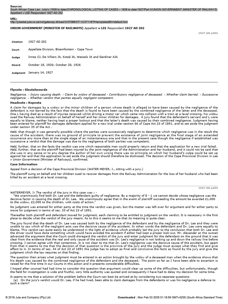 1927 Union Government v Lee Case Summary | PDF | Negligence | Verdict