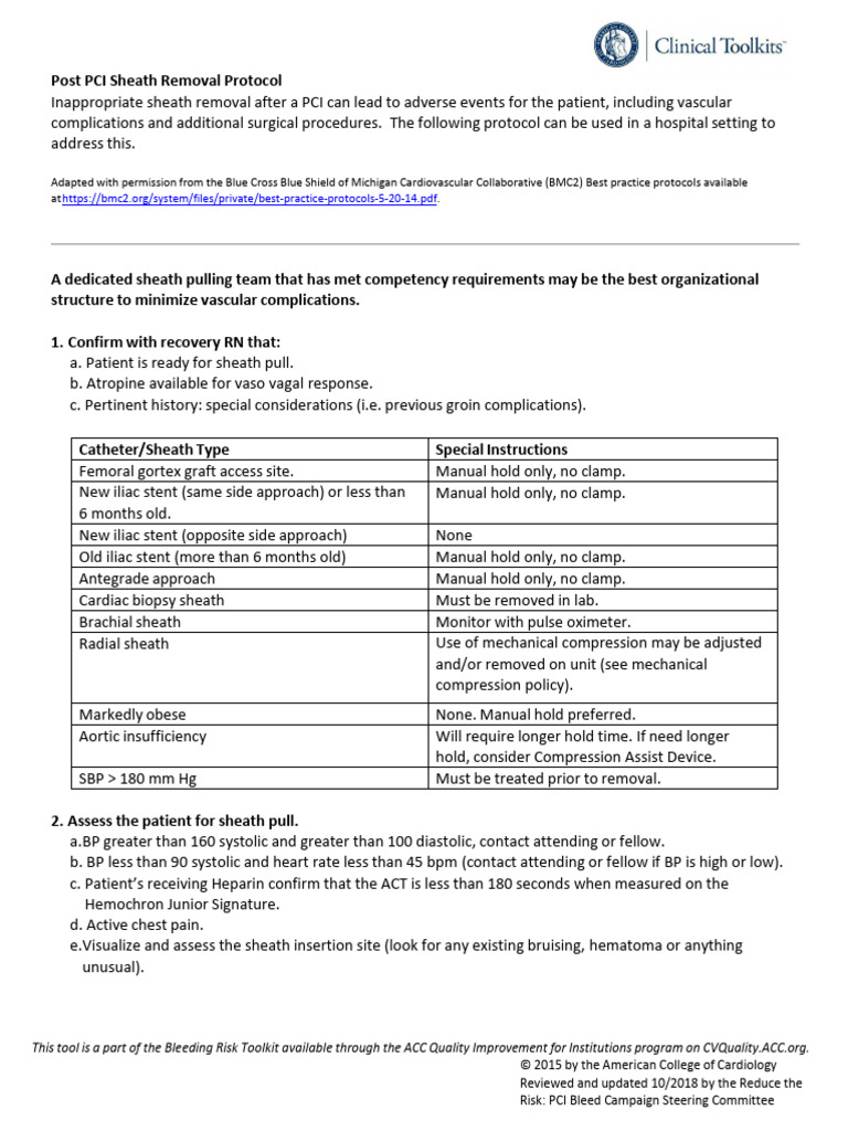 8 Post Pci Sheath Removal Protocolpdf | PDF | Percutaneous Coronary ...