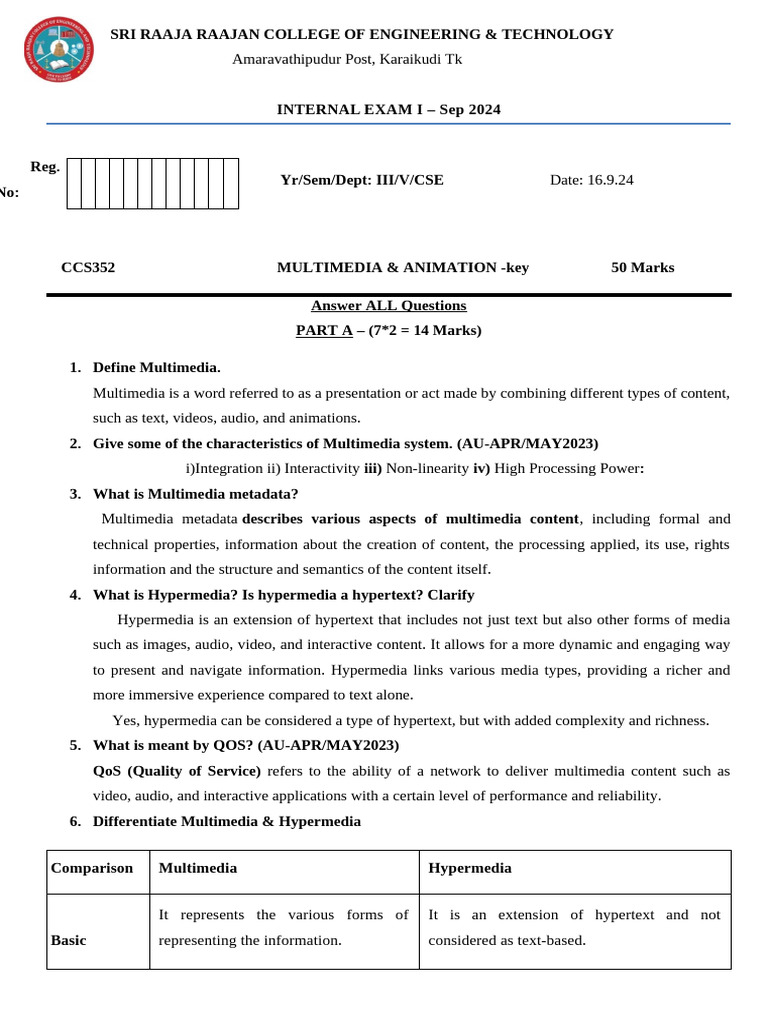 CCS352 KEY i Internal | PDF | Data Compression | Multimedia