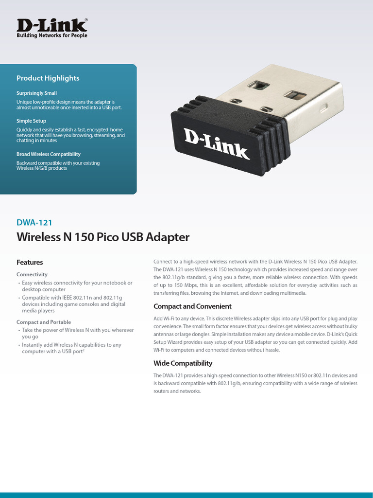 DWA-121 B1 Datasheet 01 (HQ) | PDF | Wi Fi | Usb