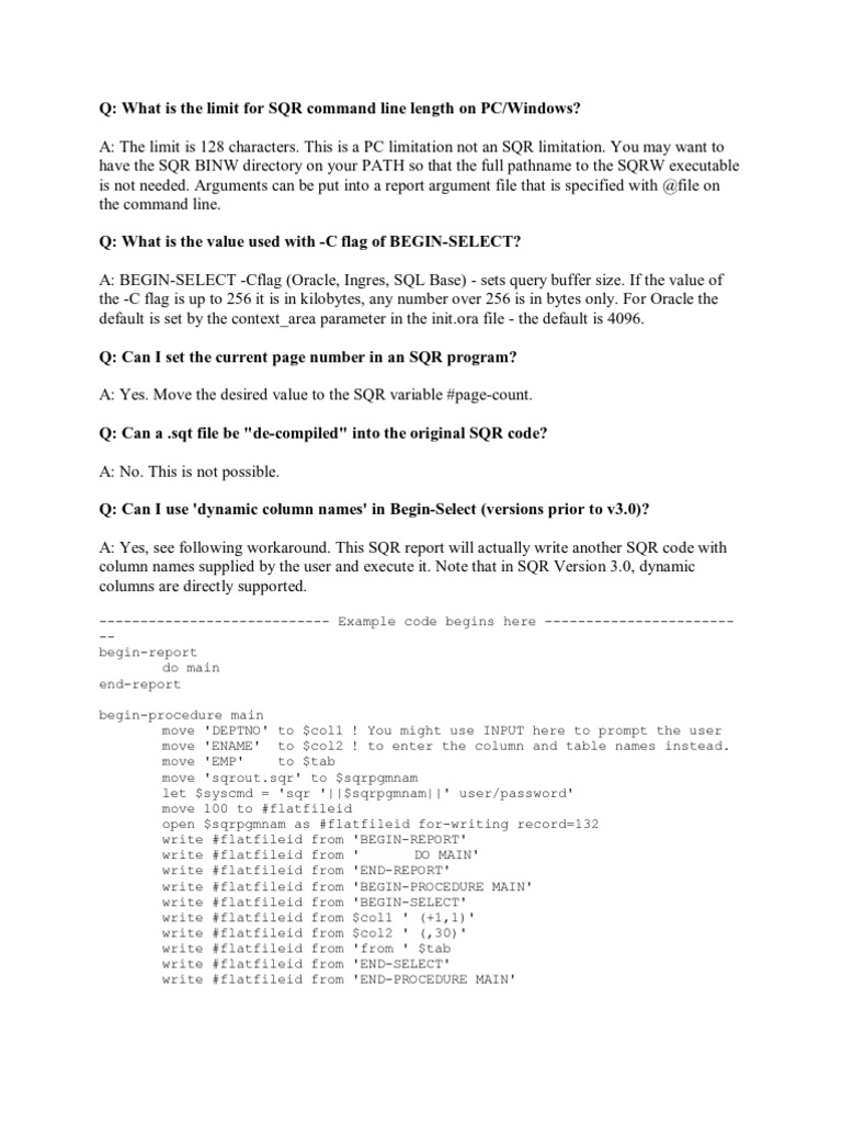 SQR-FAQ'S | Command Line Interface | Parameter (Computer Programming) | Free 30-day Trial | Scribd