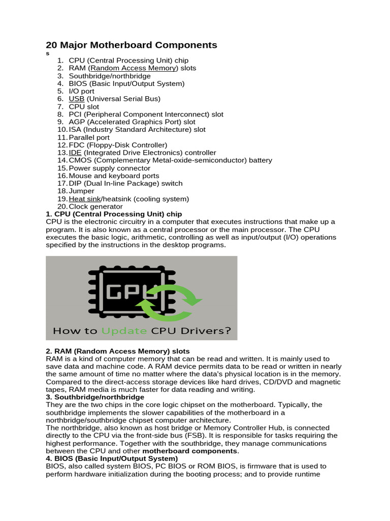 20 Major Motherboard Components | PDF | Bios | Central Processing Unit