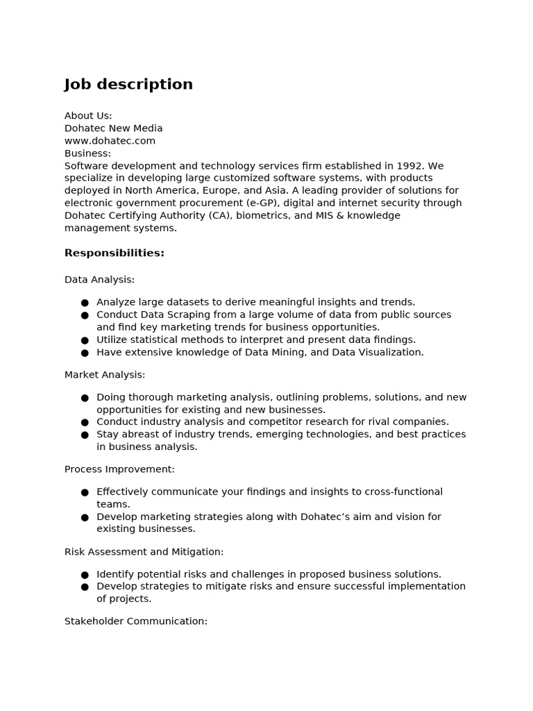 Business Analyst Job Description | PDF | Data Analysis | Data