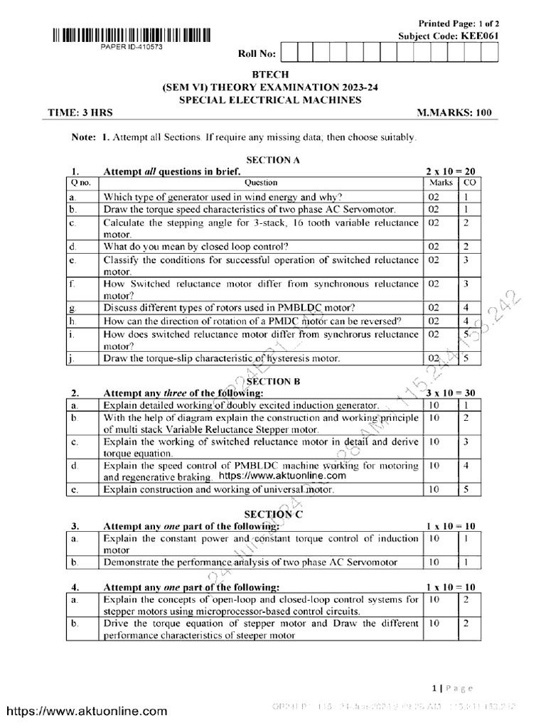 Btech Ee 6 Sem Special Electrical Machines Kee061 Jun 2024 | PDF