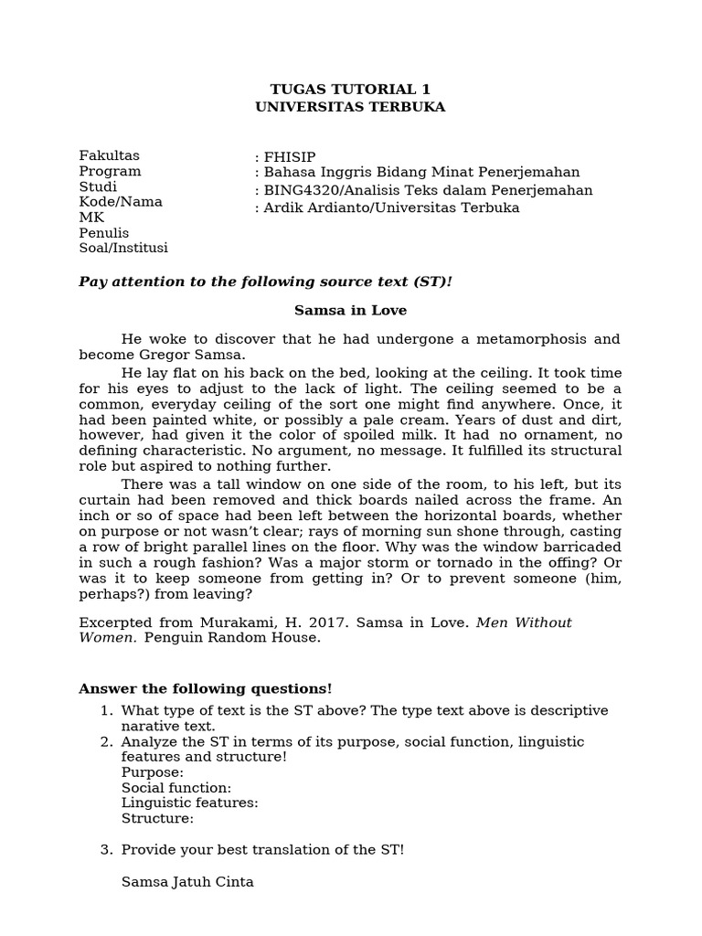 Tutorial Assignment 1-Edit | PDF | The Metamorphosis | Psychology