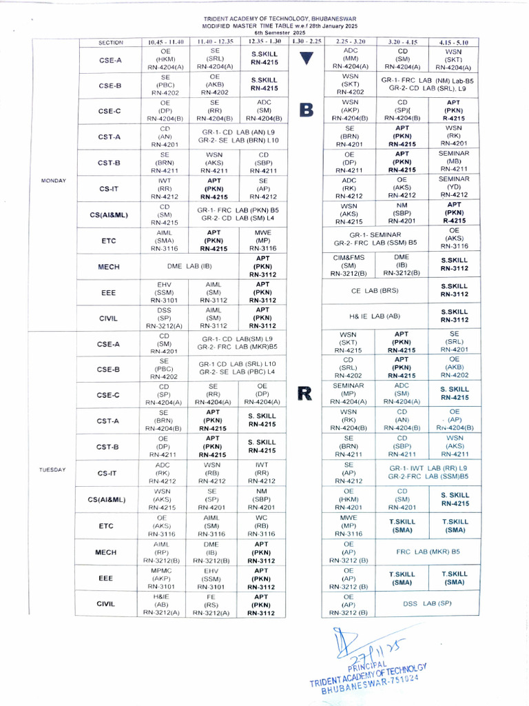 6th Semester Modified Master Time Table | PDF