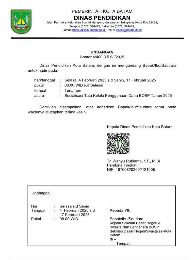 SURAT UNDANGAN INTERNAL - Sosialisasi Tata Kelola Penggunaan Dana BOSP Tahun 2025 | PDF