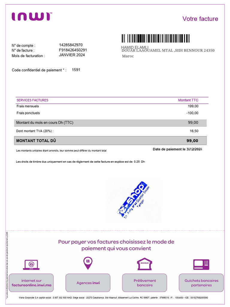Facture Inwi : Détails et Paiement | PDF | Taxe sur la valeur ajoutée ...