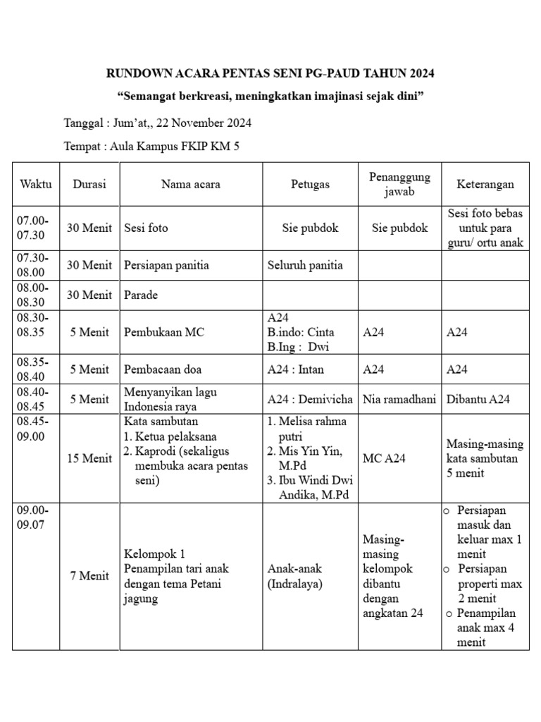 Rundown Acara Pentas Seni Pgpaud 2024 | PDF