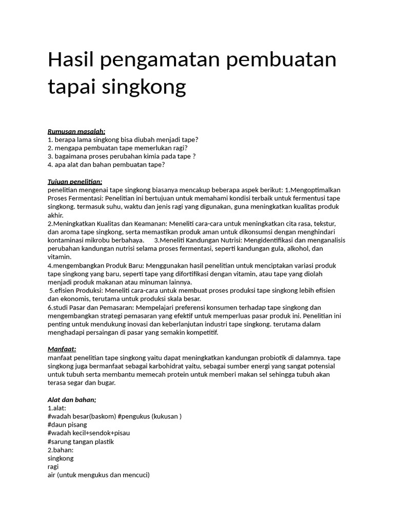 Hasil Pengamatan Pembuatan Tapai Singkong: Rumusan Masalah | PDF