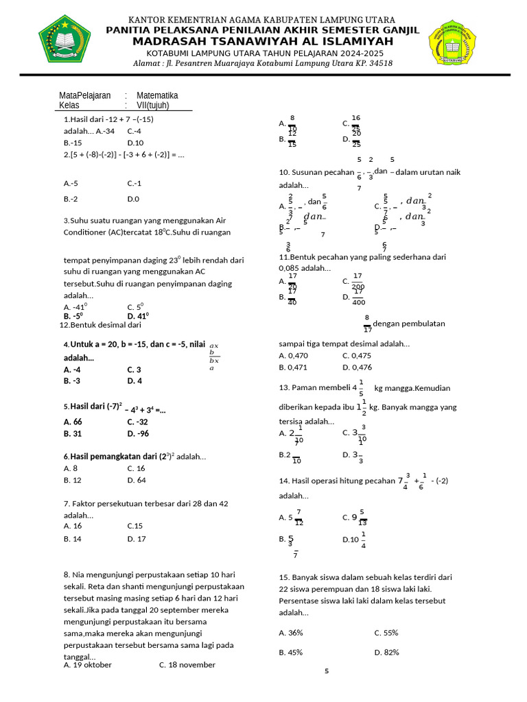 SOAL MTK KELAS 7 | PDF