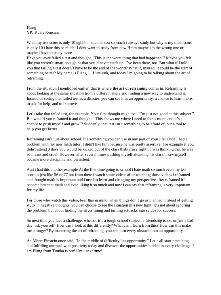 Elang - The Art of Reframing - SMP YPJKualakencana - Speech Script | PDF