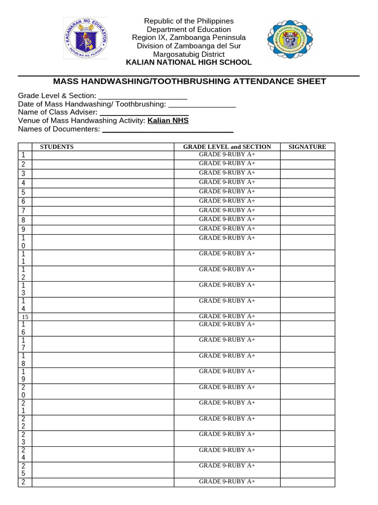 Mass Handwashing Mass Toothbrushing Attendance Sheets | PDF