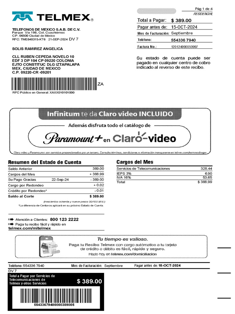 Recibo Telmex 2024 | PDF