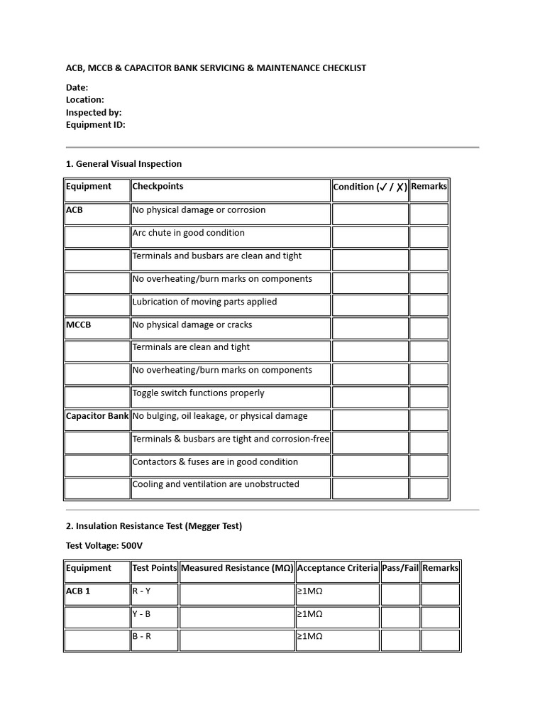 ACB, MCCB, Capacitor Bank Maintenance Checklist | PDF | Capacitor ...