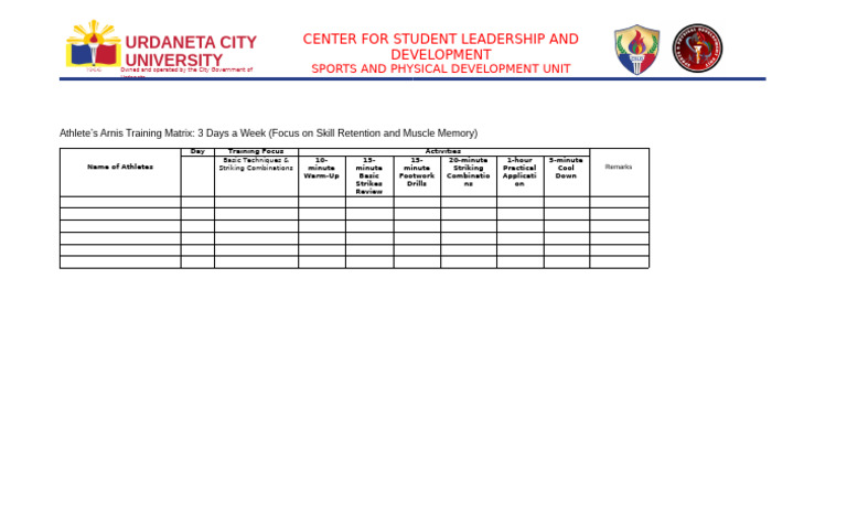 Athlete's Arnis Training Matrix 3 Days A Week (Focus On Skill Retention ...