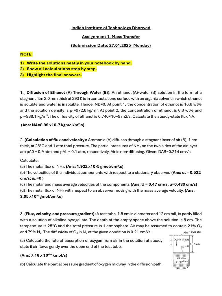 Assignment 1 Mass Transfer 21.01.2025 | PDF | Diffusion | Pressure
