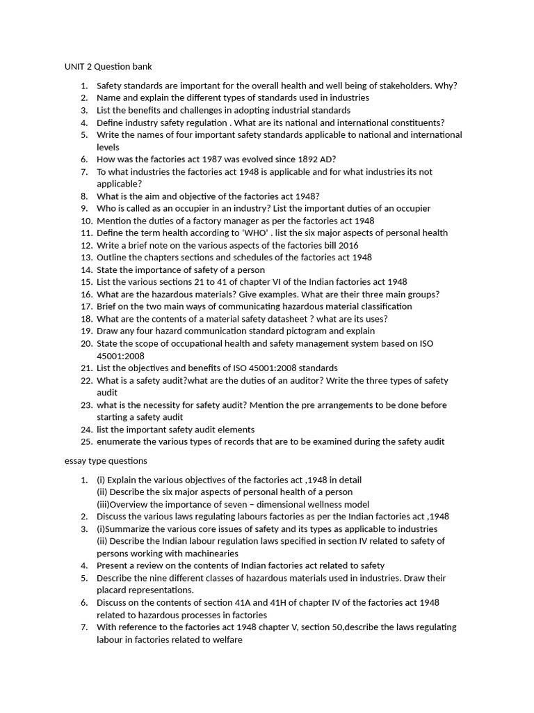 UNIT 2 Question Bank | PDF | Safety | Audit