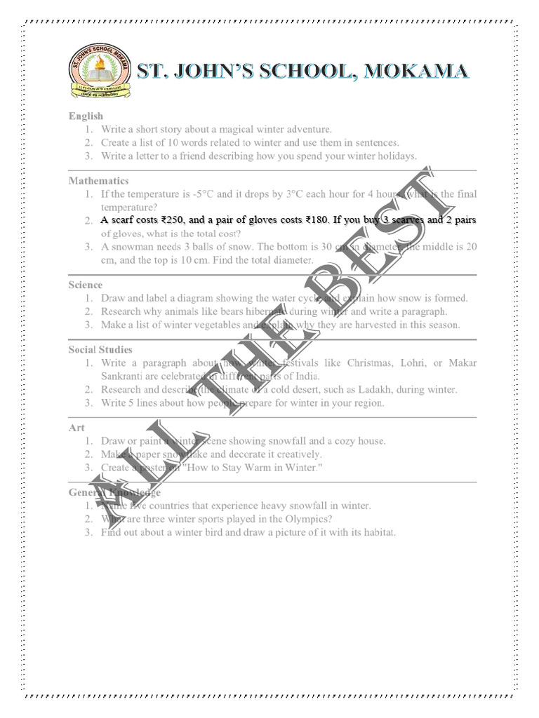 Class 6 Holiday Homework | PDF