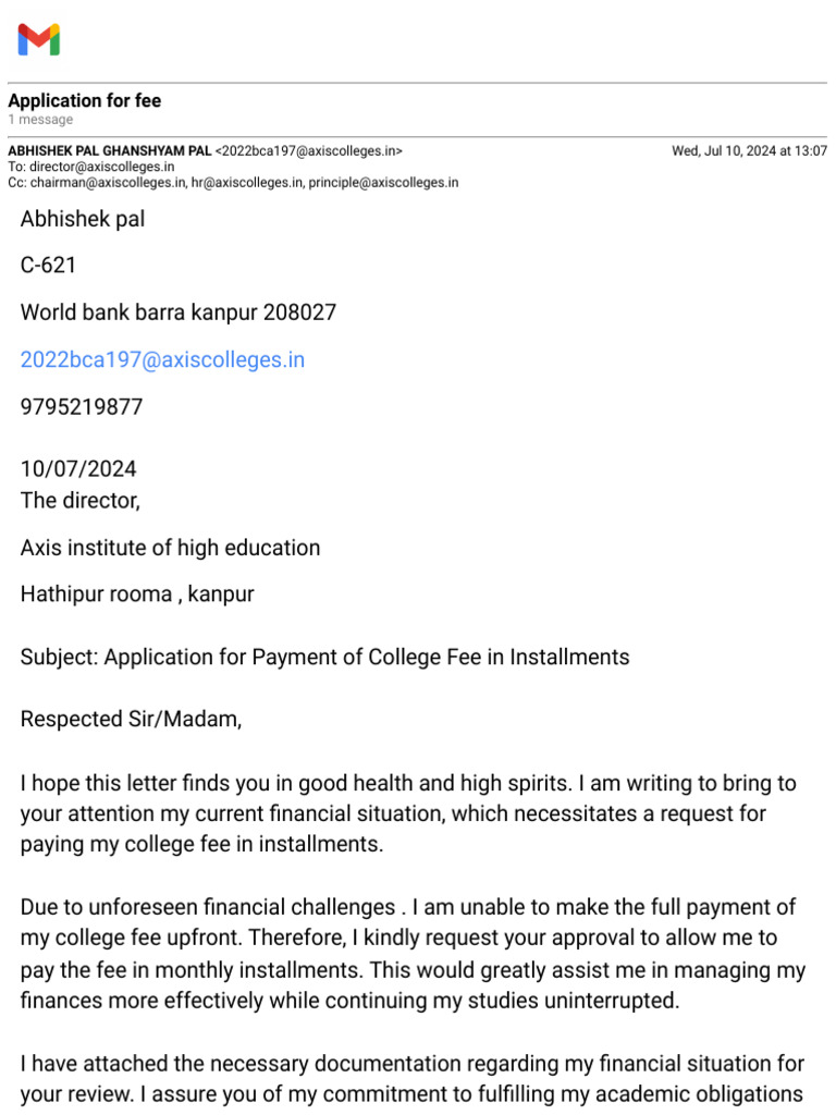 Request for College Fee Installments | PDF