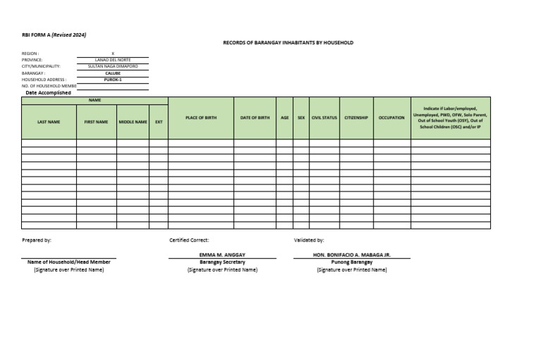 CALUBE RBI FORM A by Household Revised 2024 | PDF | Government | Justice