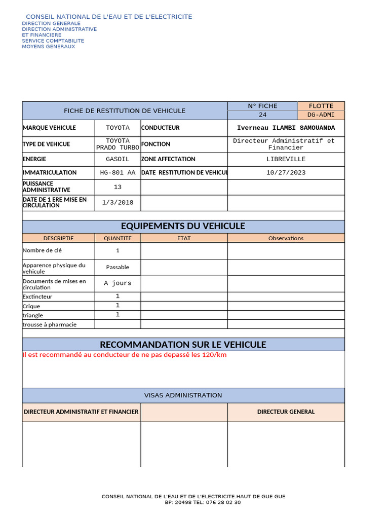 Fiche Technique de Restitution de Véhicule | PDF | Véhicules ...