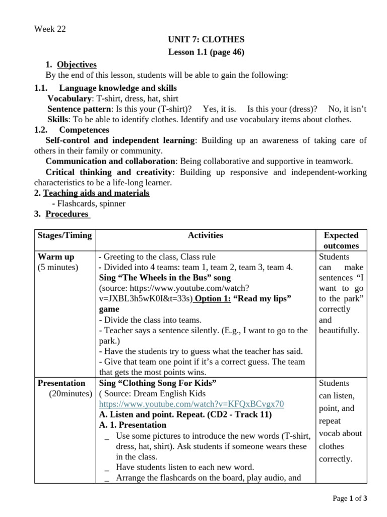 Clothes Vocabulary Lesson Plan | PDF | Learning | Teachers