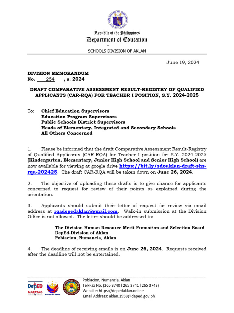 DivMemo Draft CAR RQA For SY 2024 2025 1 1 | PDF