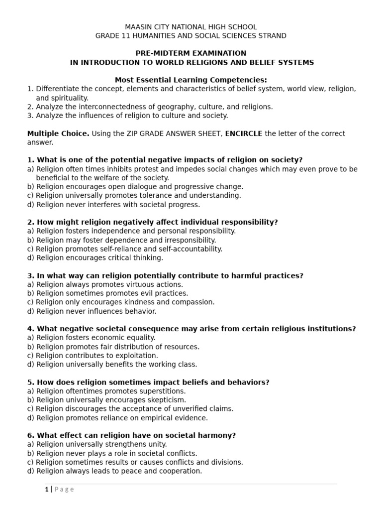 PRE-MIDTERM EXAM IN WORLD RELIGIONS | PDF | Spirituality | Theism
