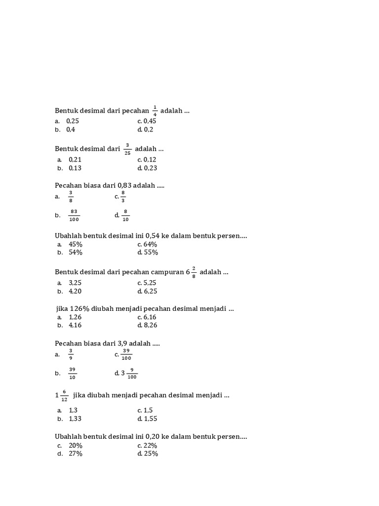 Soal Matematika Pecahan, Desimal, Persen - Kelas 5 SD | PDF