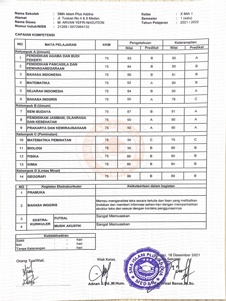 nilai rapor semester 1 | PDF
