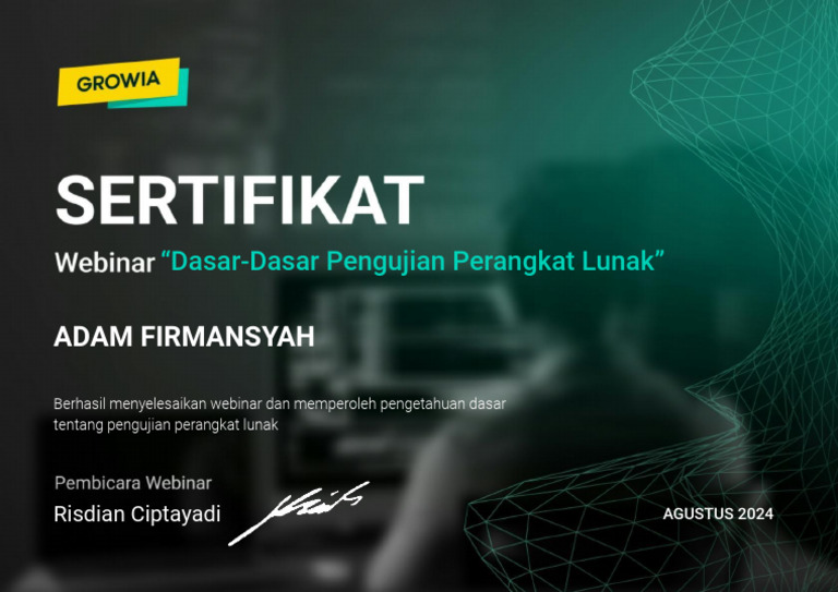 ADAM FIRMANSYAH_SOFTWARE TESTER CERTIFICATE_GROWIA | PDF